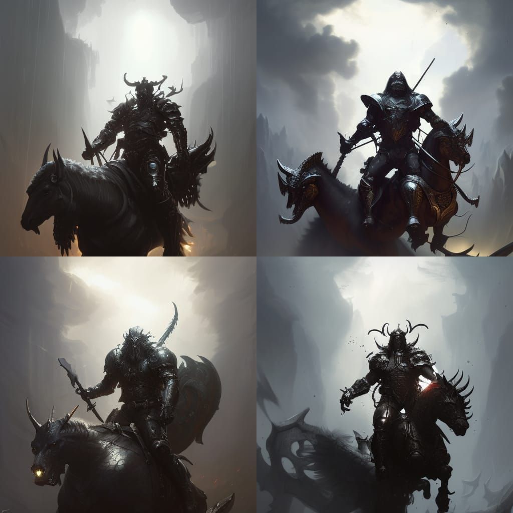 "full picture, a knight in gleaming black and silver armor decorated ...