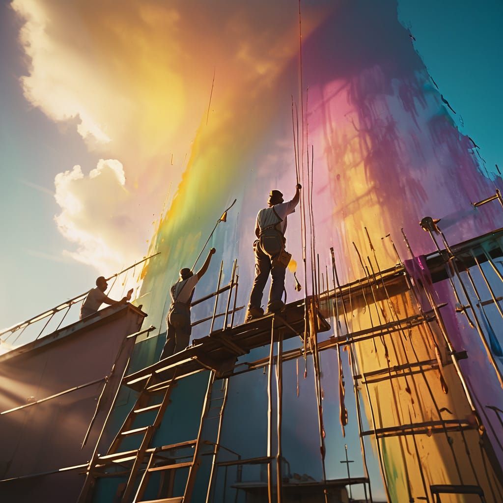 (many workers on very high scales painting a rainbow in the sky: 1.5 ...