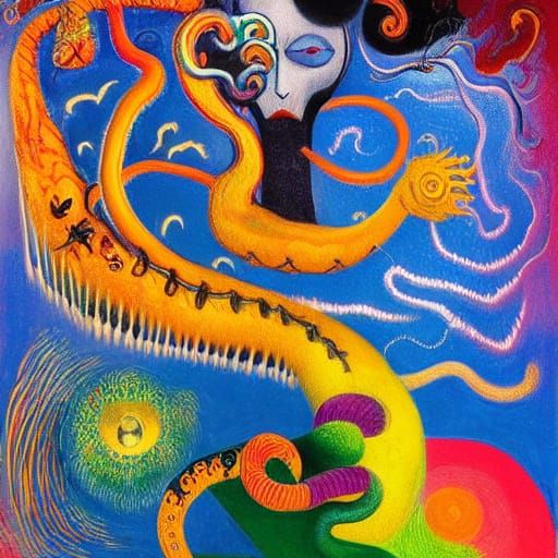 Surreal Encounter: Serpent and Humanoid in Vibrant... - AI Art