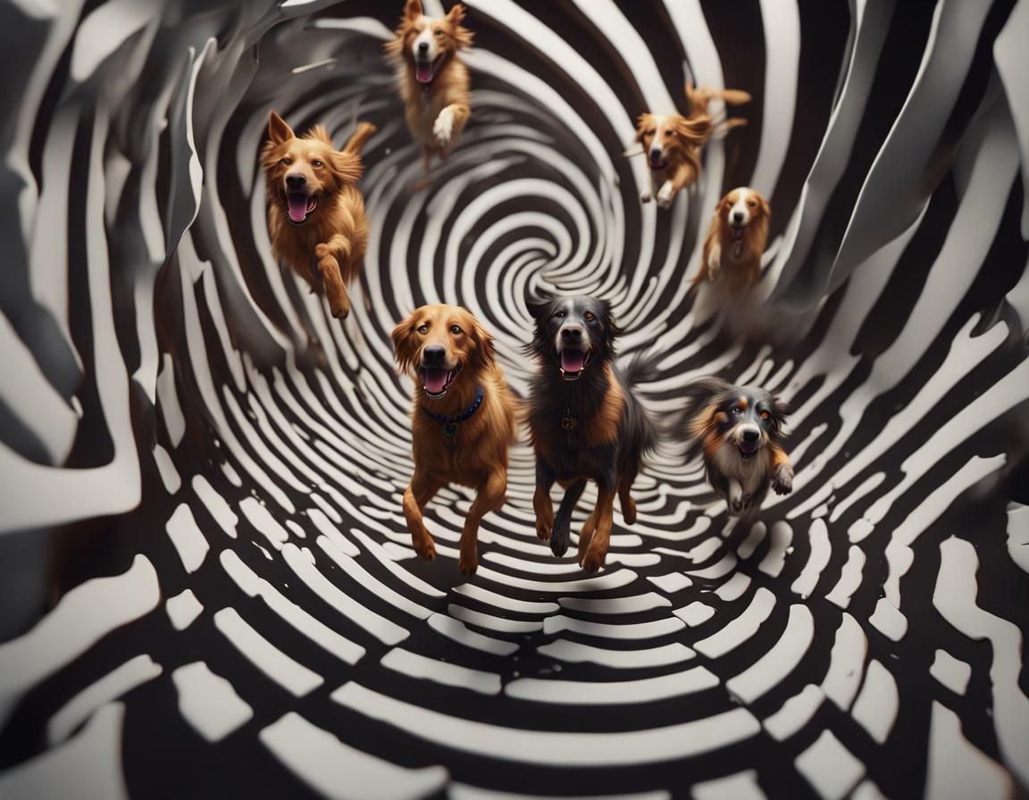 Dogs emerging from an optical illusion tunnel - AI Generated Artwork ...