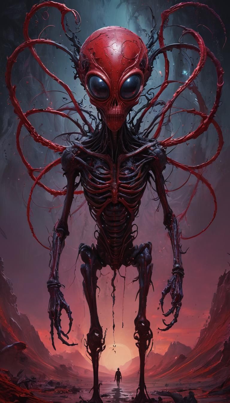 Tim Burton Horror Scene: Alien Nightmare in Crimso... - AI Art