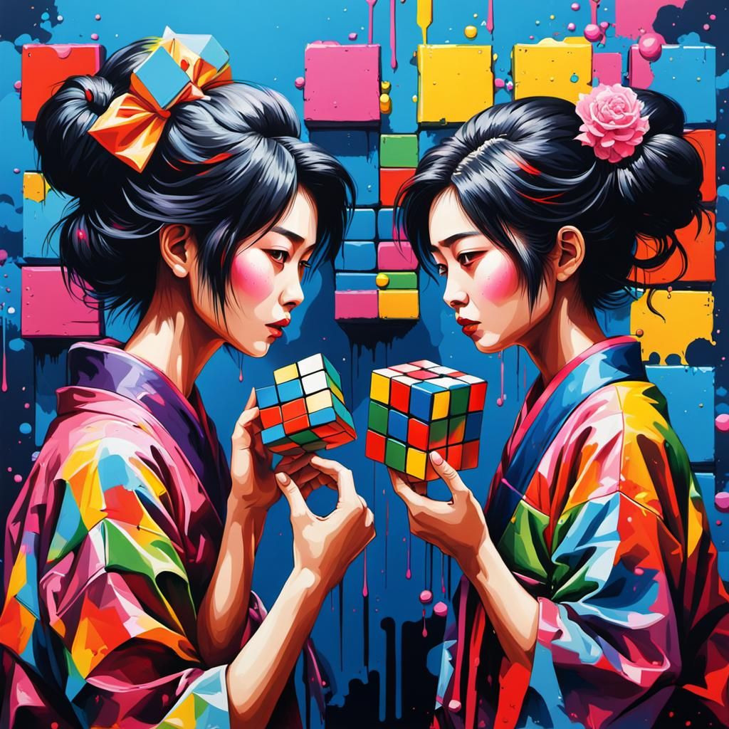 Geishas in Japan trying to decipher rubix cube in the 80s - AI Generated Artwork - NightCafe Creator