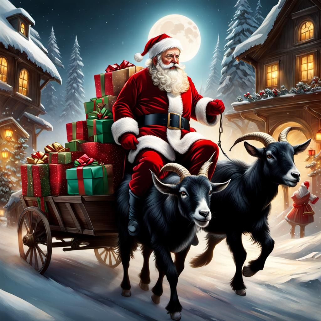 Santa Claus riding on a goat while delivering gifts - AI Generated ...