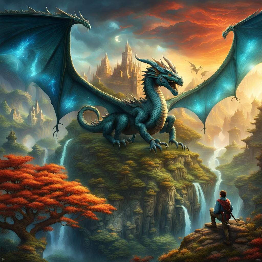 "Imagine a mystical realm where dragons soar through the skies and ...