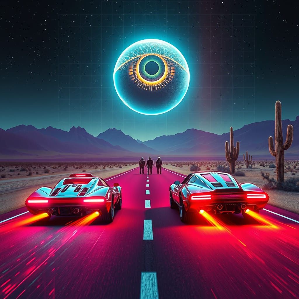 Neon Odyssey Under Cosmic Surveillance in a Cyberp... - AI Art