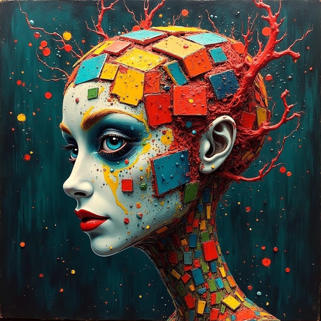 Rubik's Cube head. surrealism analogous colors Tim Burton Dan Mumford ...