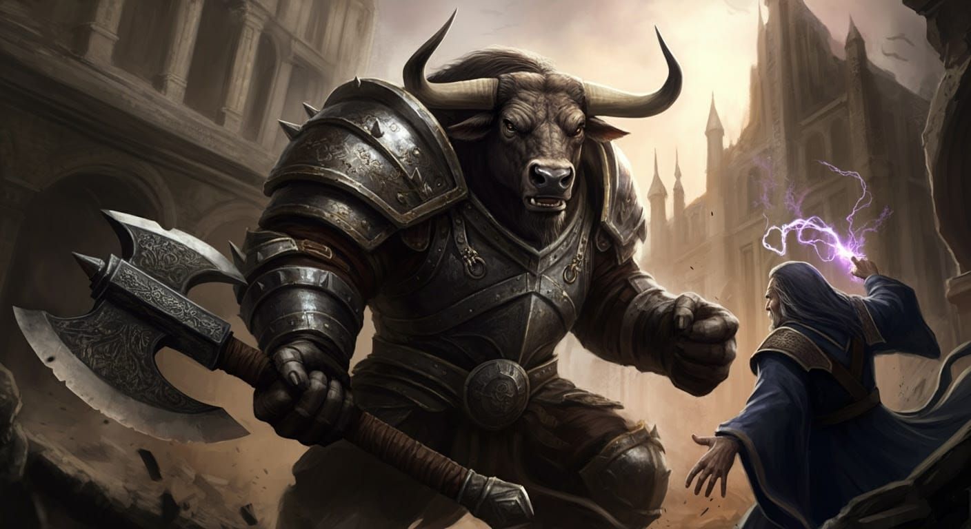 Epic Minotaur Battles Angry Wizard in Ruined City - AI Art