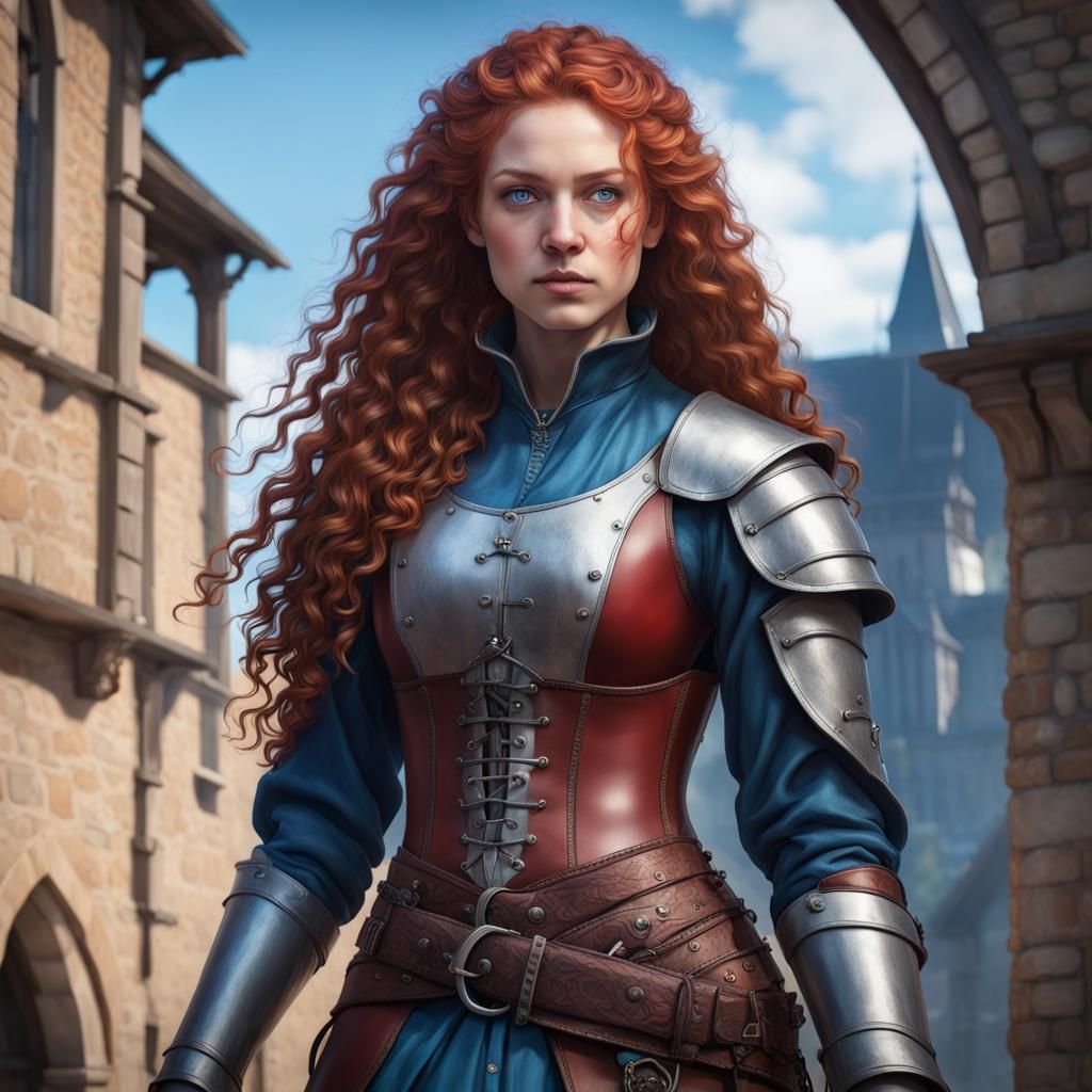 Teenage female long red curly hair with blue eyes in medieval period ...