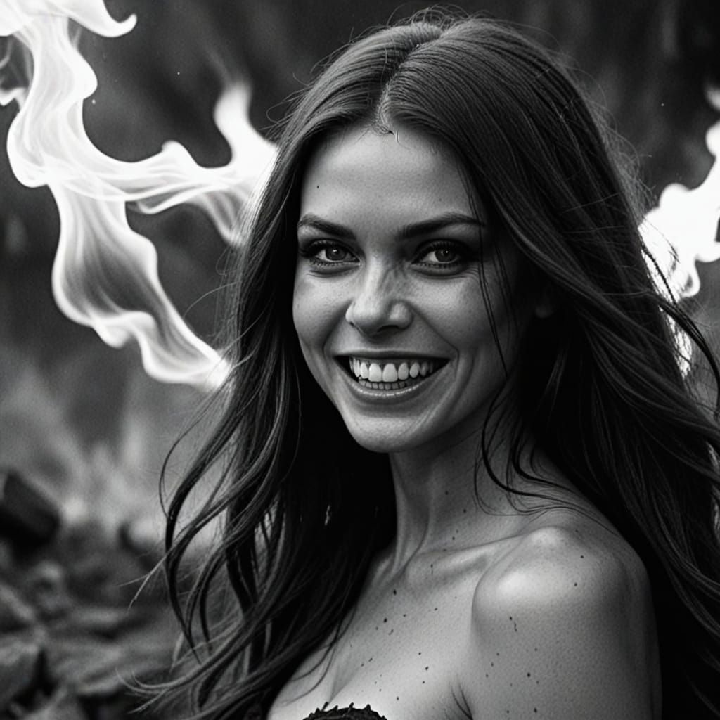 Beautiful Banshee Woman Smiles with Sinister Fire - AI Art