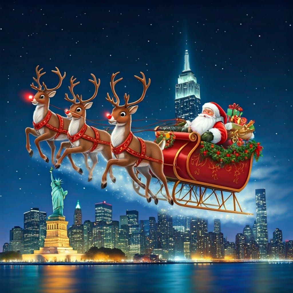 Classic Christmas Scene of Santa's Sleigh Over NYC - AI Art