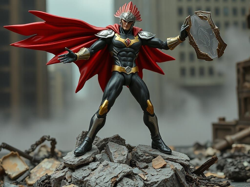 Epic Action Figure in Dramatic Pose with Gritty Ci... - AI Art