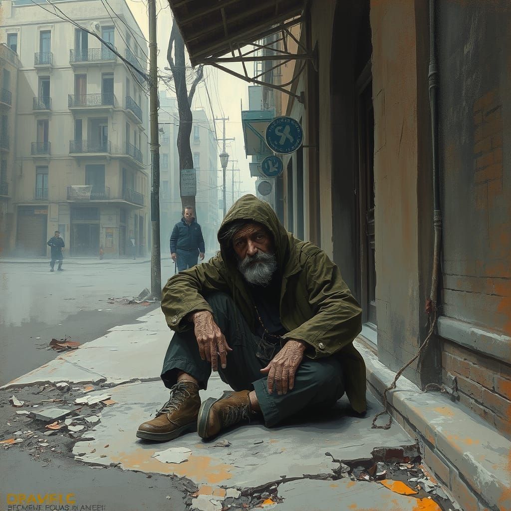 Destitute - A Somber Cityscape Scene in a Muted Earthy Palet...