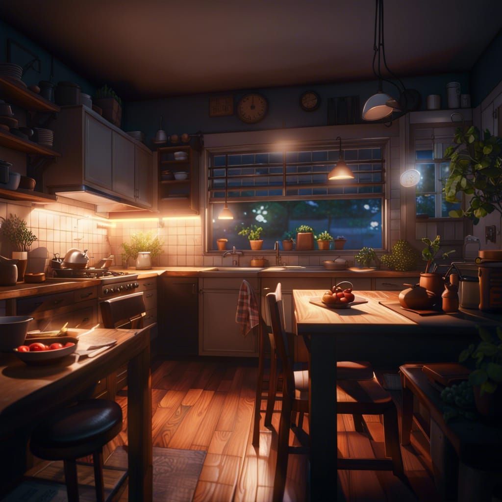first person view of a kitchen at night ,ultra hd rendered lightings ...