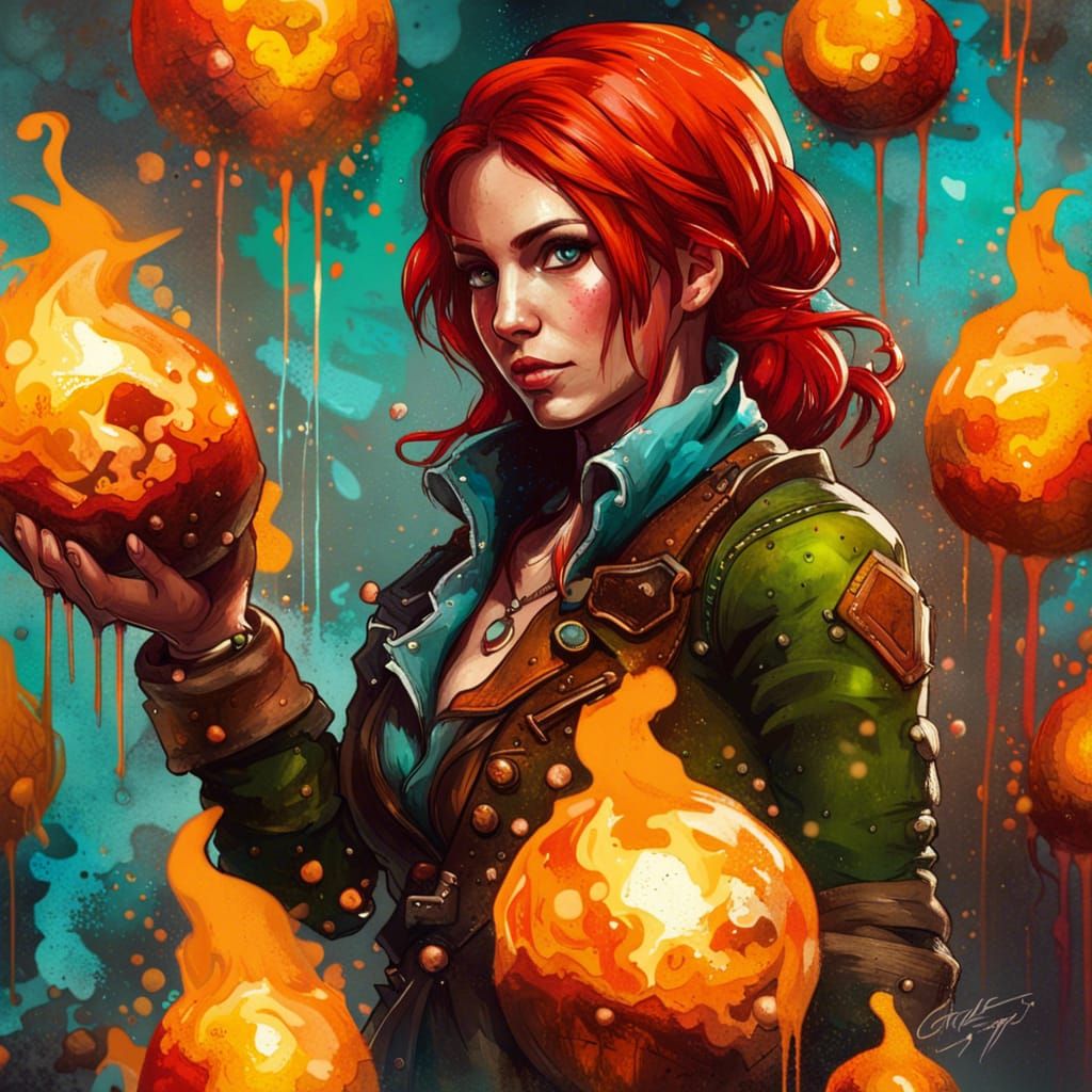 cute triss merigold cast fireball graffiti art, splash art, street art ...