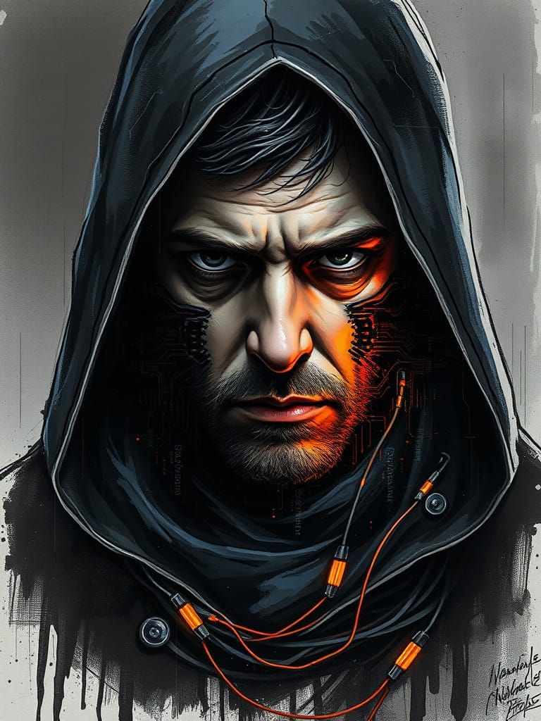 God Napoleon in Dark Cyberpunk Ink Drawing - AI Art