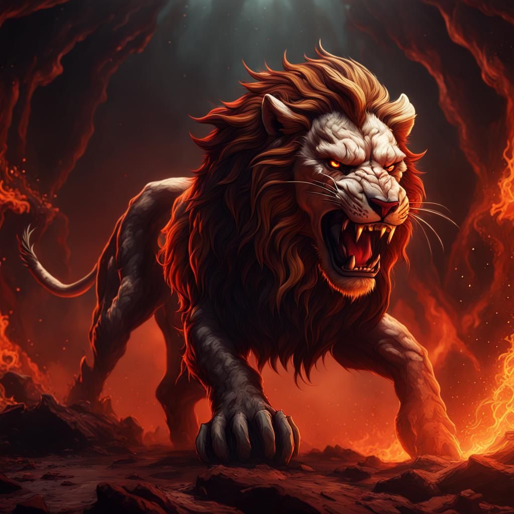 a demonic roaring lion in the pits of hell. 1 Peter 5:8 - AI Generated ...