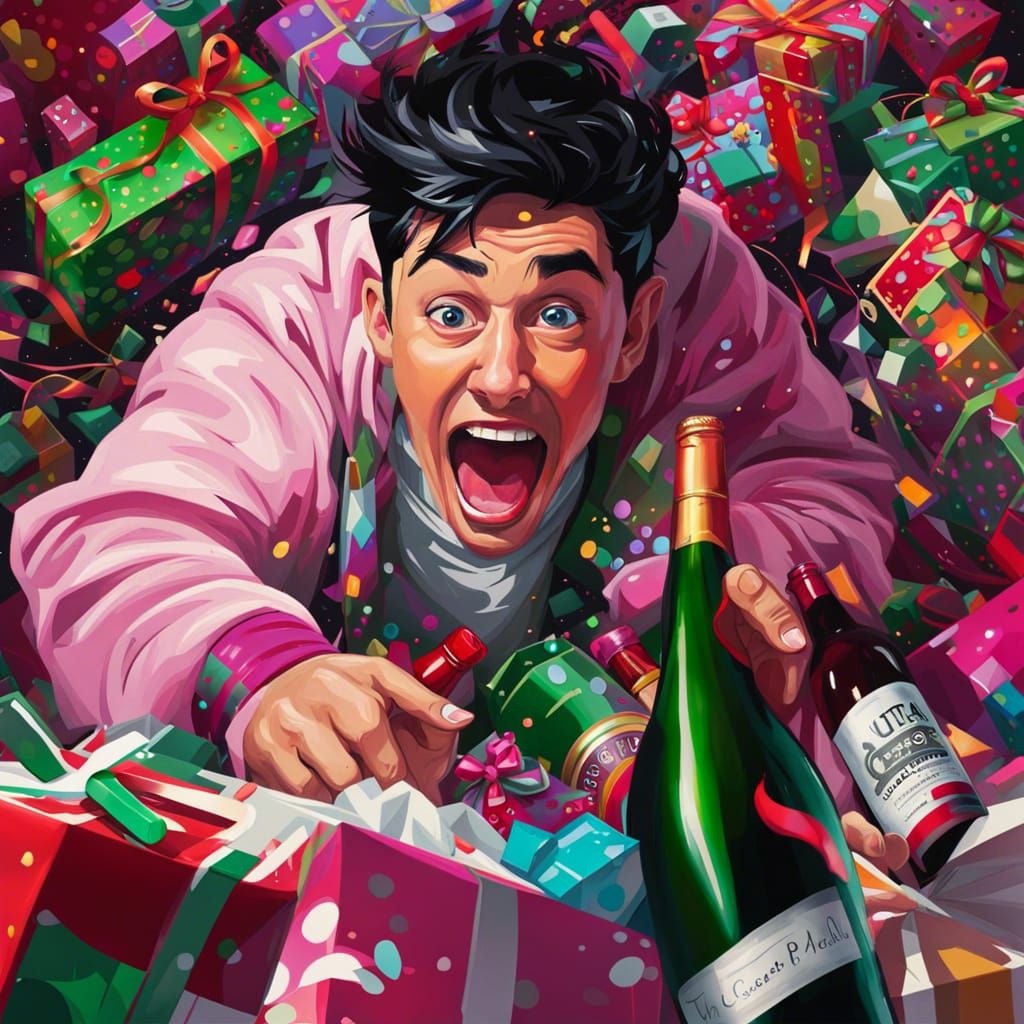 young man and excited and intoxicated, gift wrapping, christmas black ...