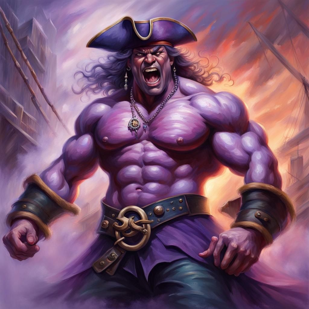 A dynamic portrait of a purple skined large muscular bodybuilder pirate ...