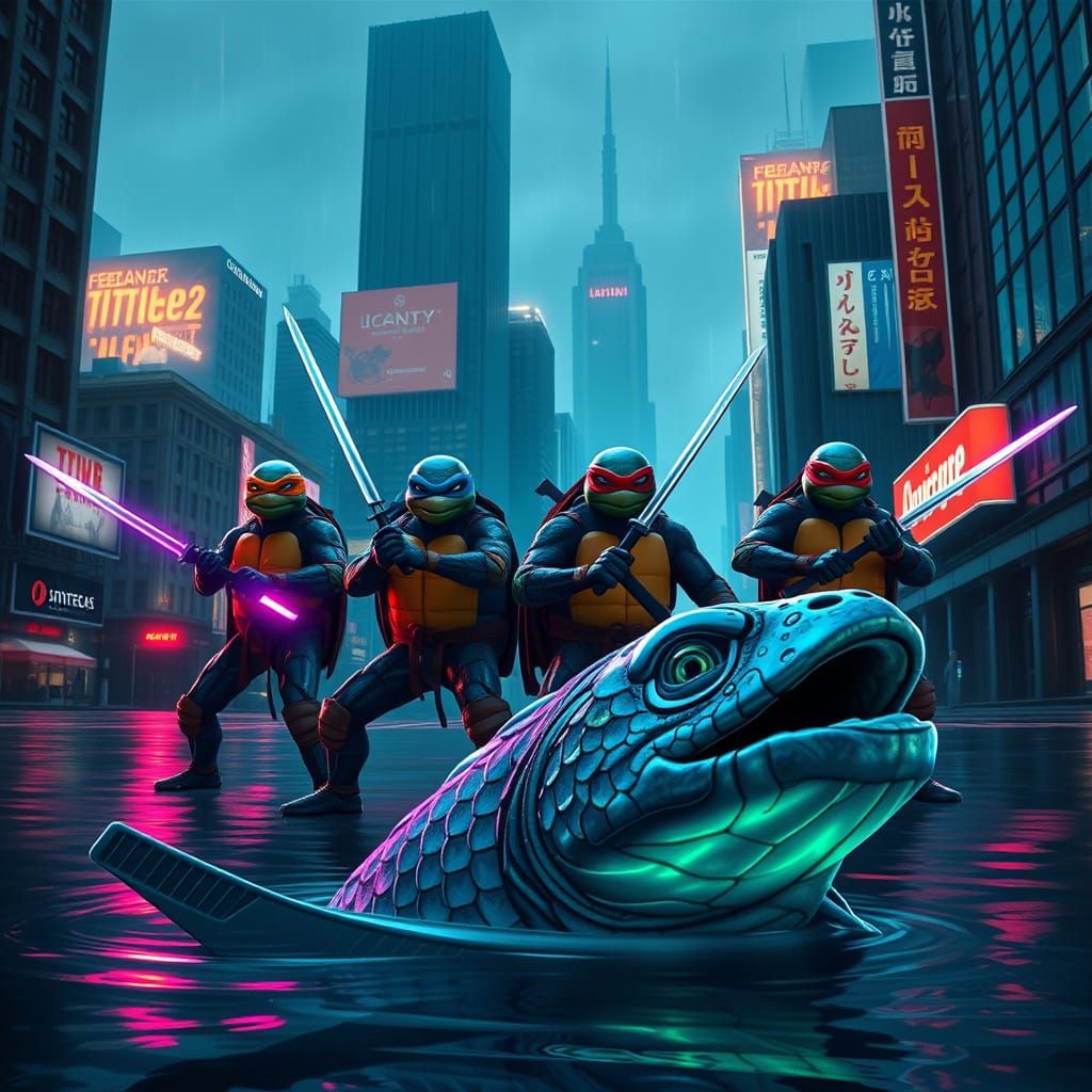 Futuristic Ninja Turtles Battle in Dystopian Citys... - AI Art