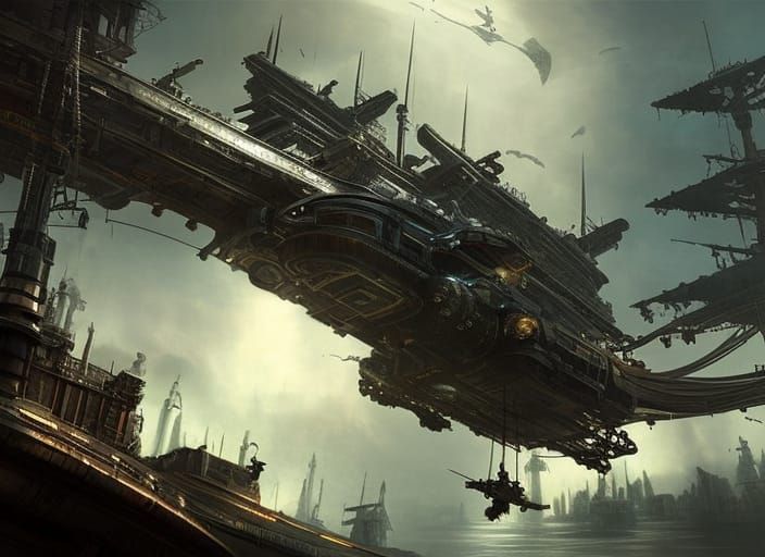Cyberpunk flying pirate's ship Epic cinematic brilliant stunning ...