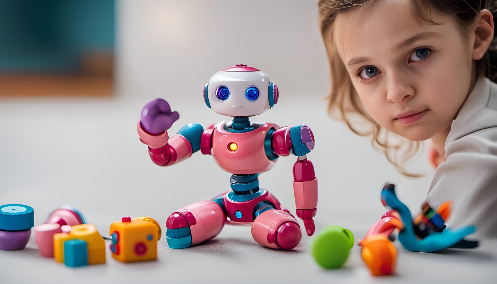 A girl plays with toy. This is a toy with ai. Her finges are hidden by ...
