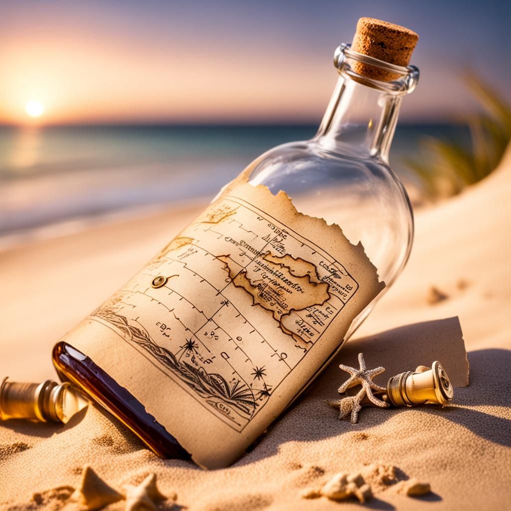Treasure map sticking out of a bottle on a sandy beach at twilight - AI ...