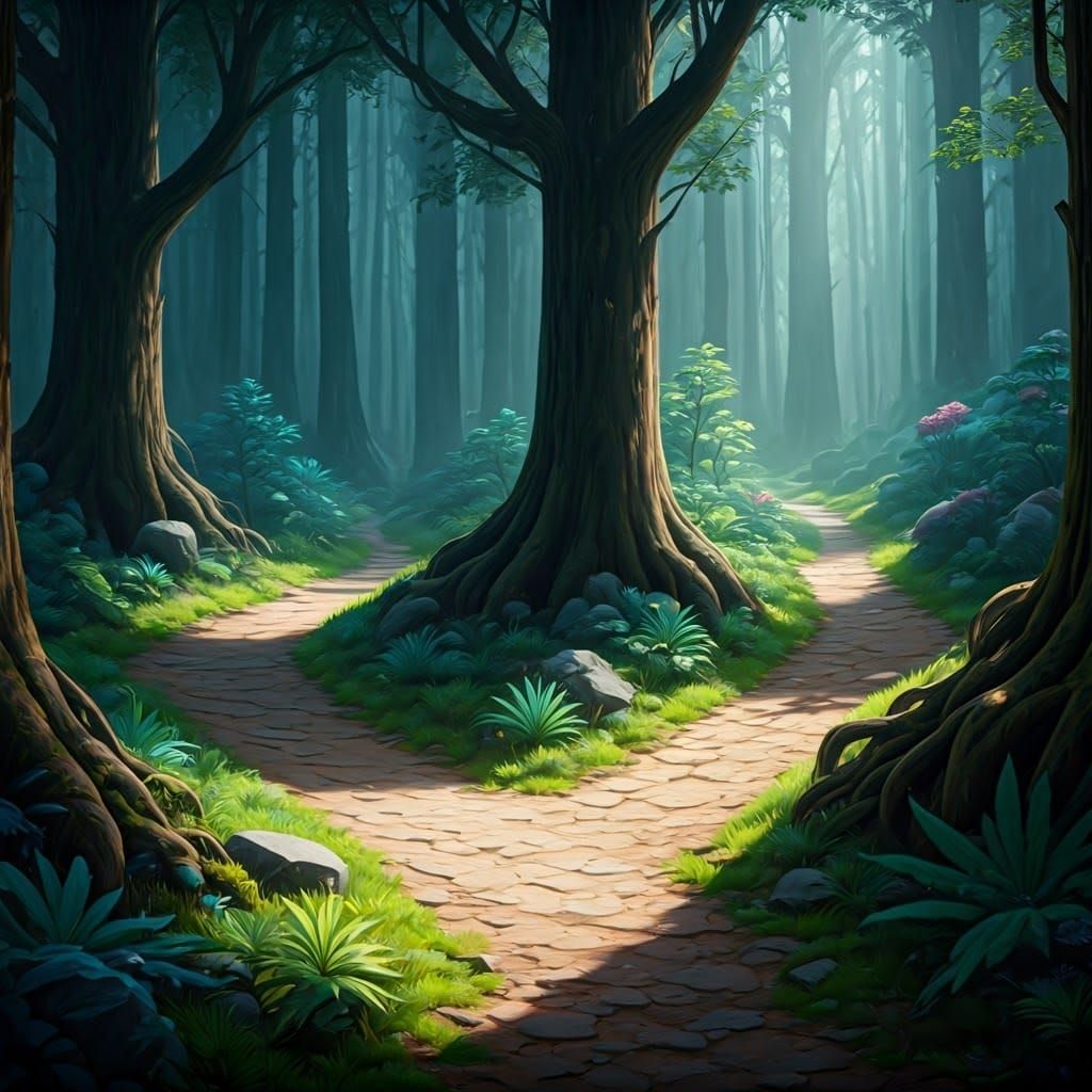 Surreal Forest Pathways in Deep Color - AI Art