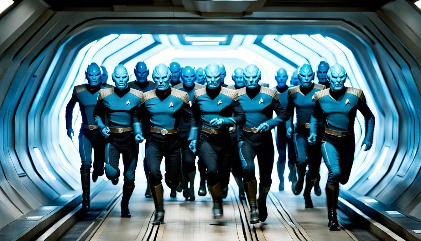 A group of Andorians from Star Trek running away down a tunnel blurred ...