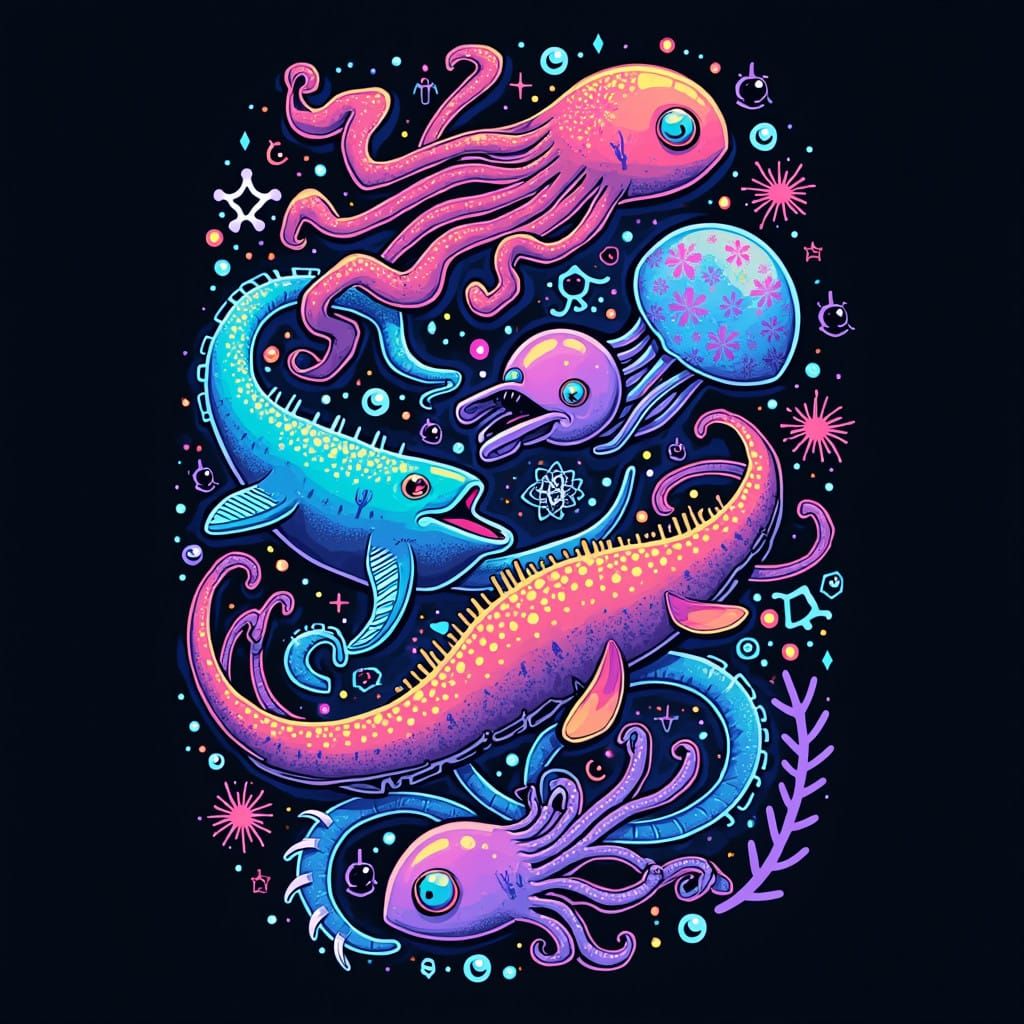 Bioluminescent Alien Ocean Creatures in Iridescent... - AI Art