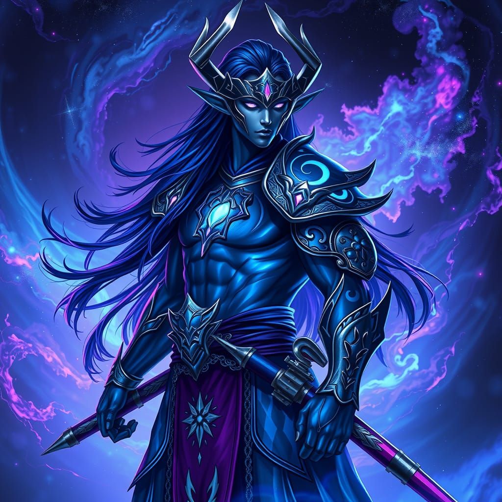 Majestic Drow Elf Samurai in Vibrant Nebula - AI Art