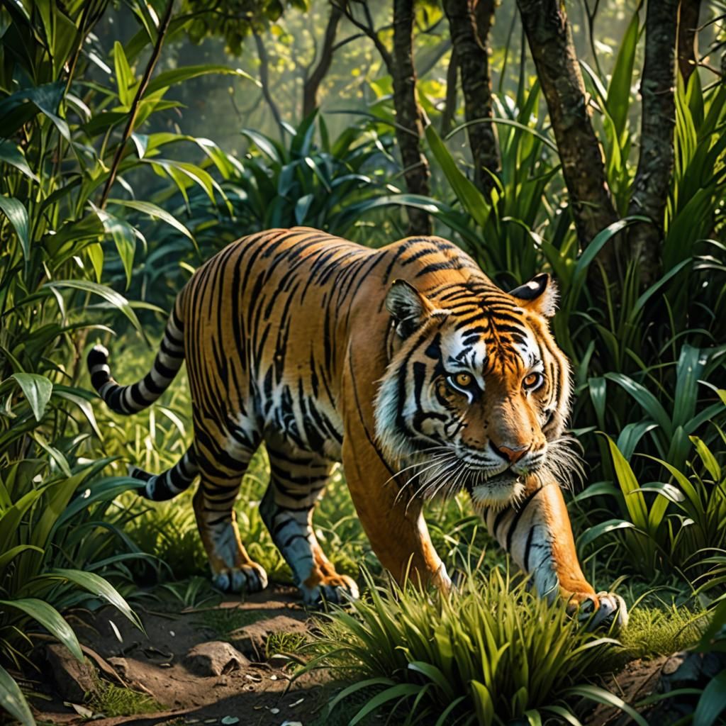 wide shot view of one tiger hunting lies in ambush behind some grass ...