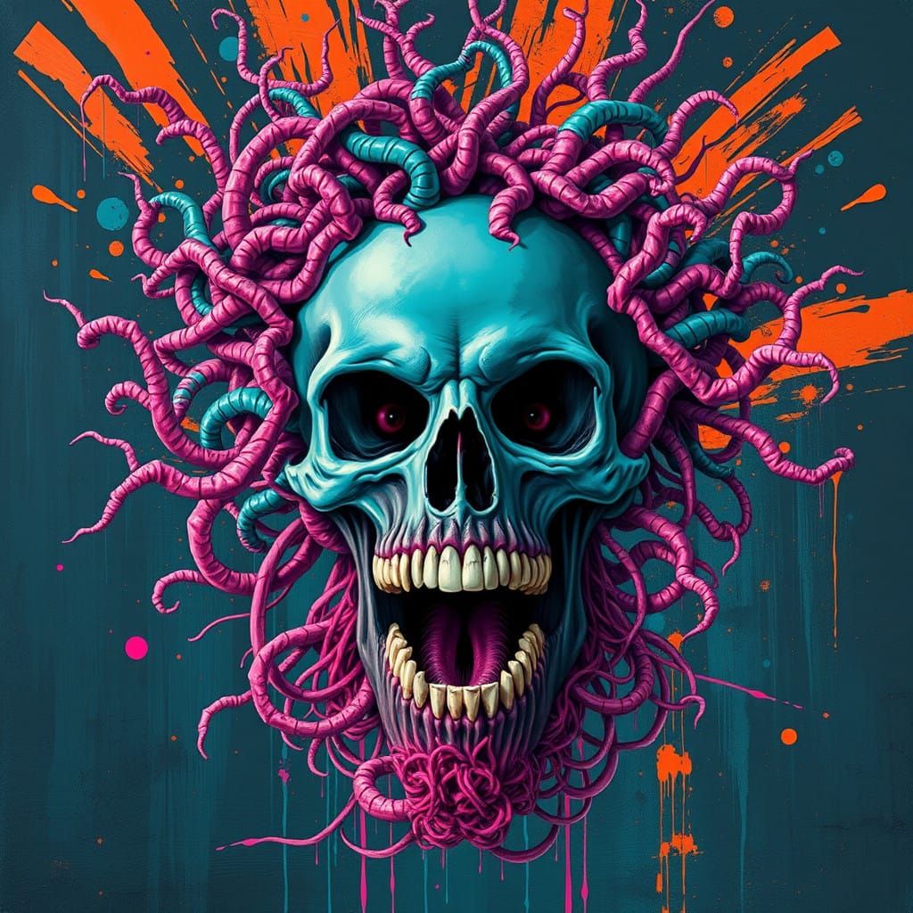 Surreal Skull in Vibrant Vortex of Chaos - AI Art
