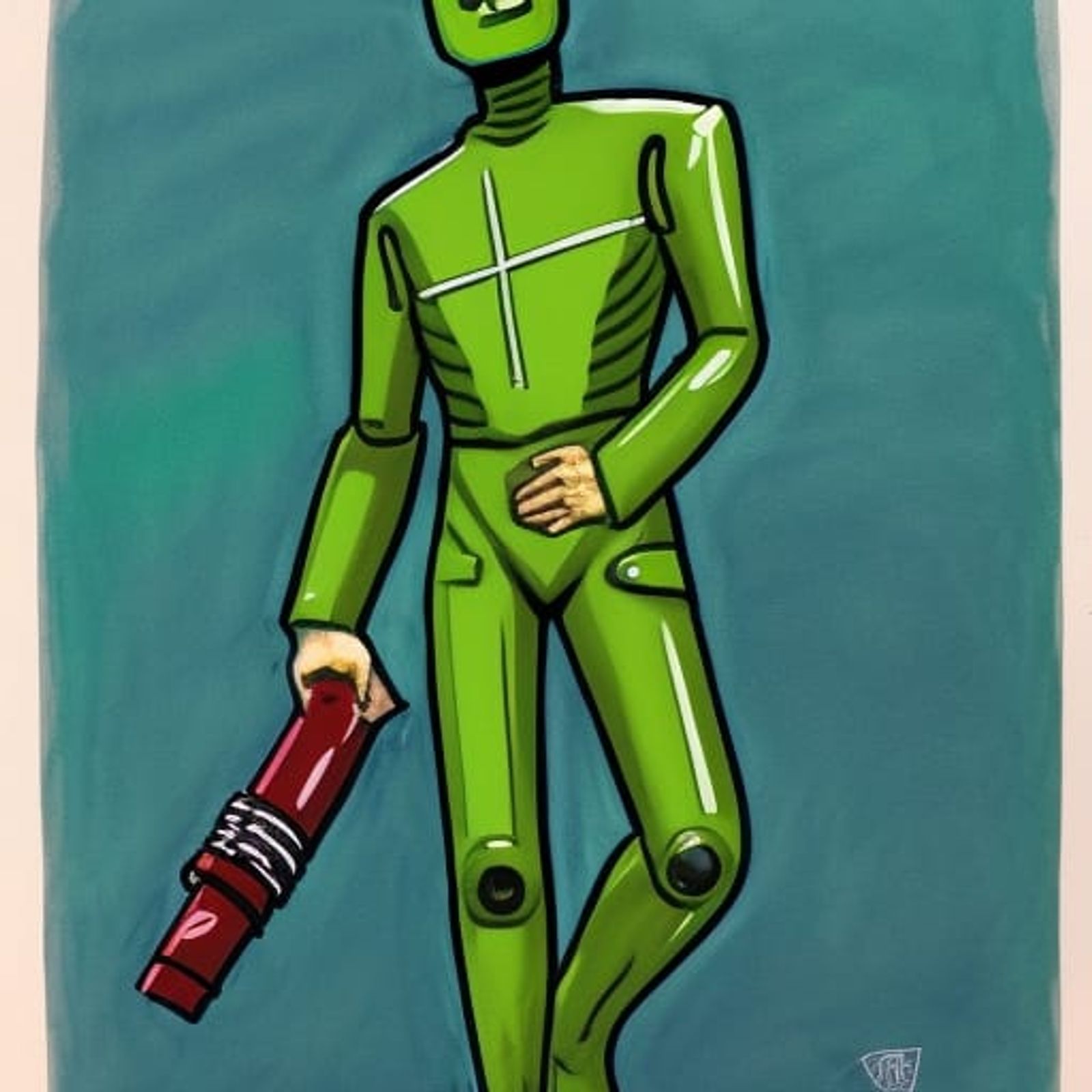 Green android man with red eyes in a prison suit, scifi, Jack Kirby ...