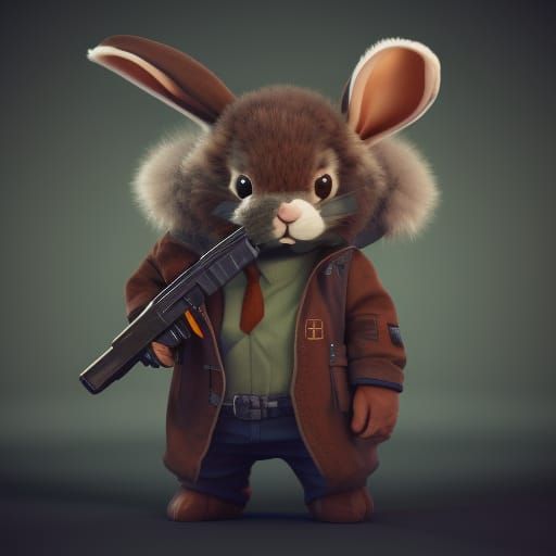 a rabbit with a gun in its hand, a 3D render by senior character artist ...