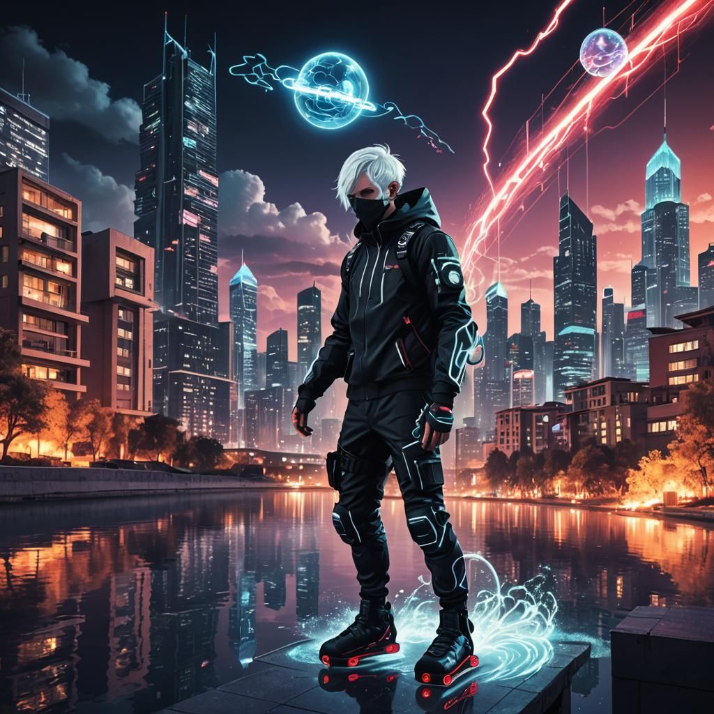 Dinamic Scene of Young Cyber Emo Guy with white hair, in dark hooded ...