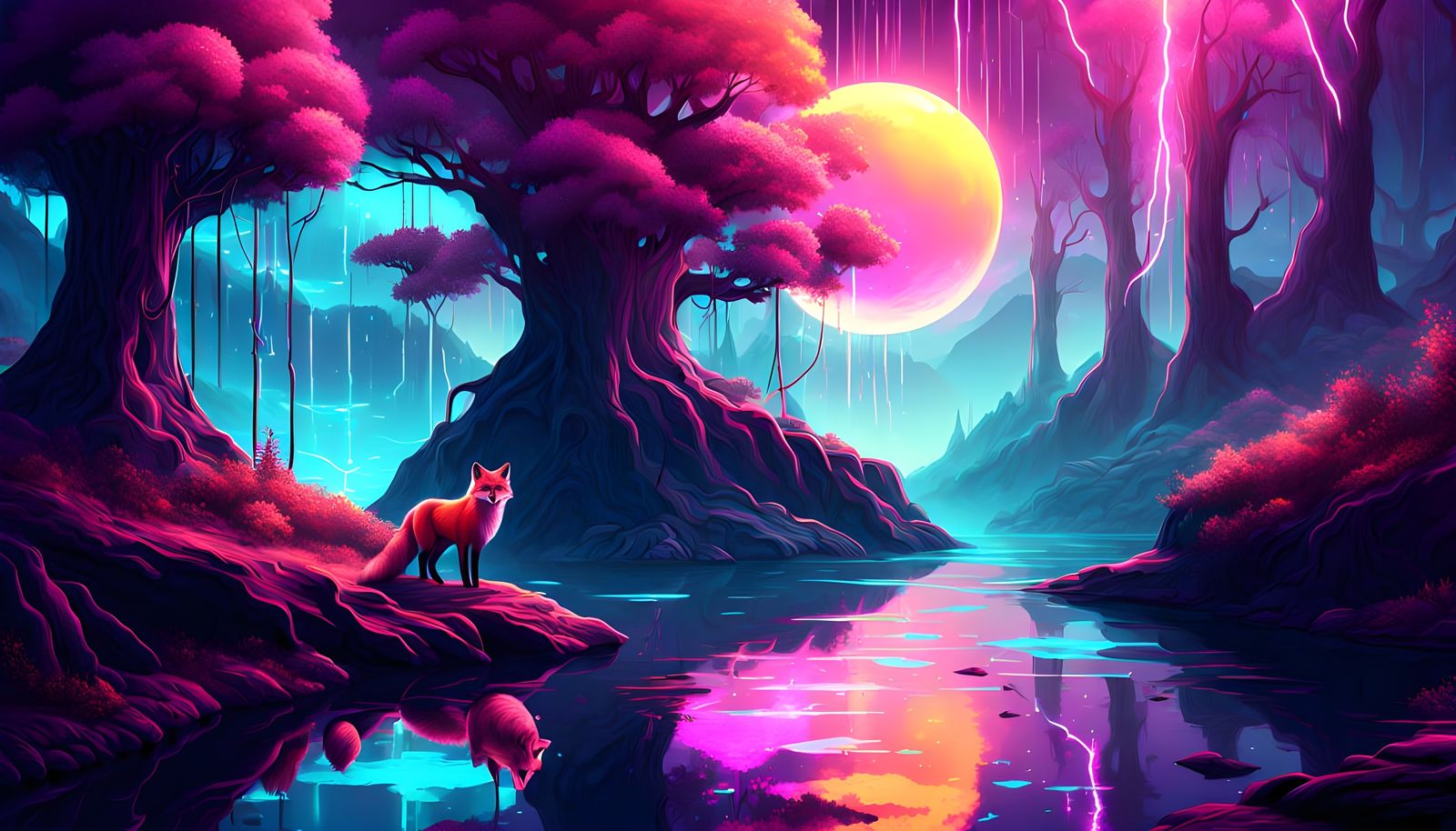 Neon Cyber Trees - Cyber Tree with Luminous Orbs and Fox