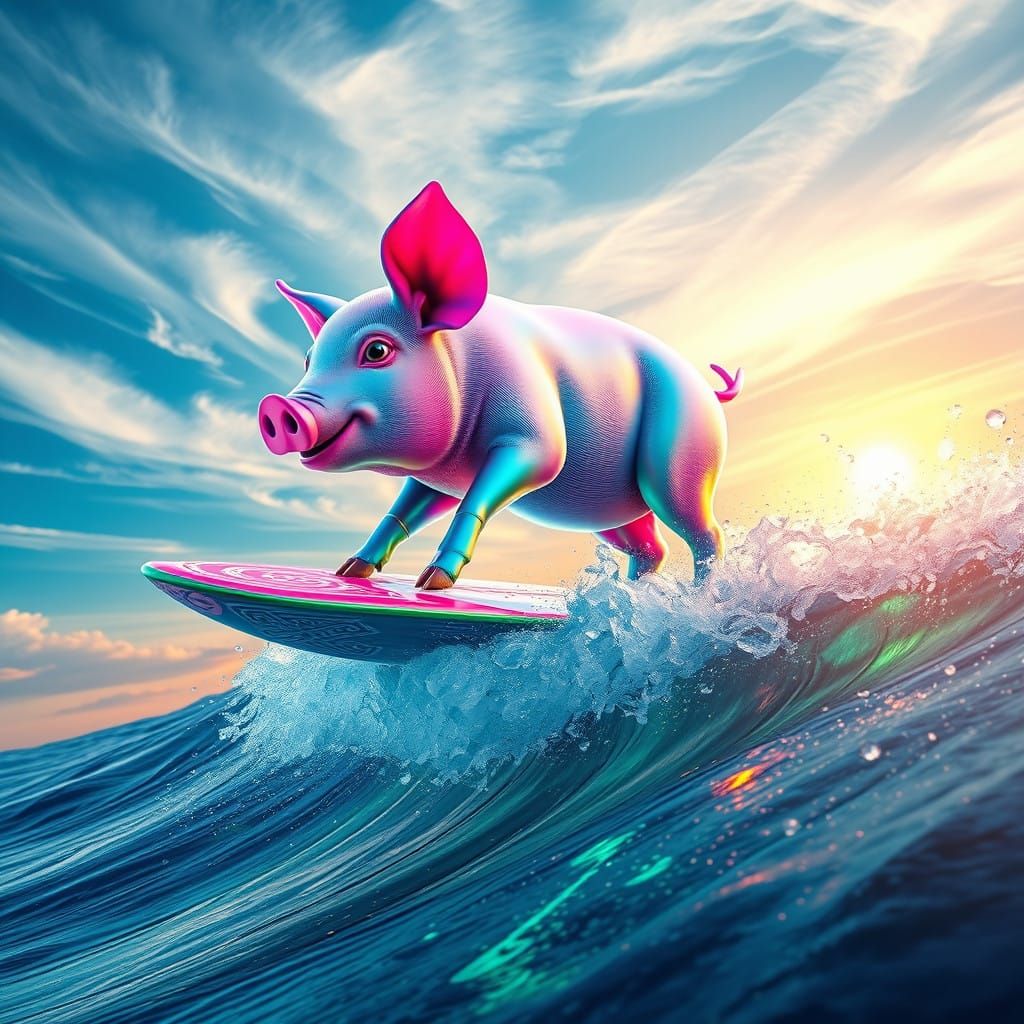 holographic surfing pig - Majestic, Iridescent Surfing Pig R...