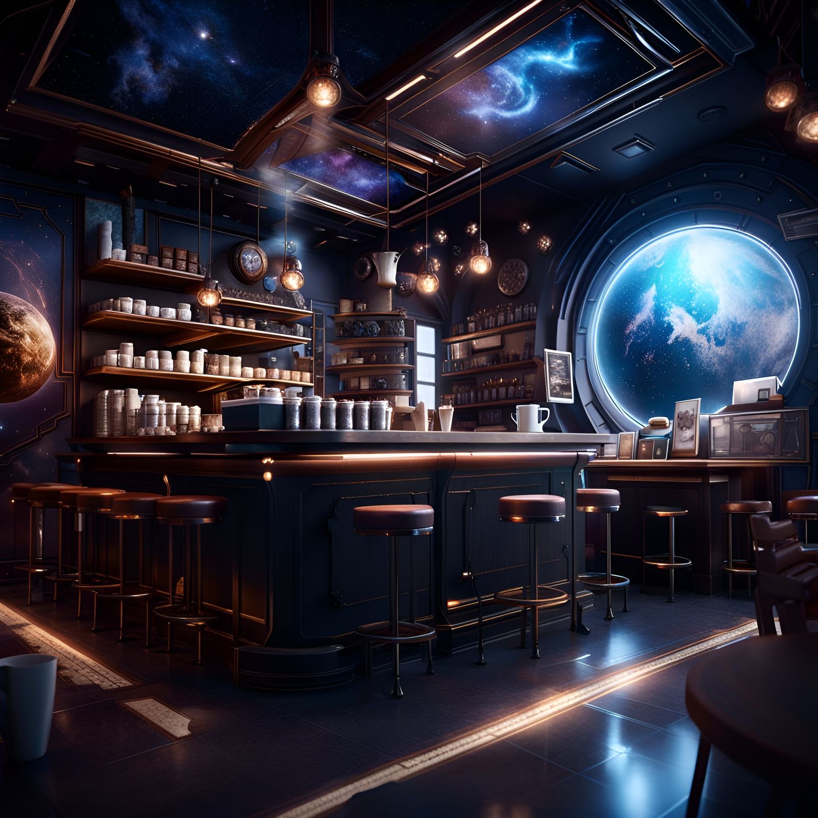 Coffee Shop in Space - AI Generated Artwork - NightCafe Creator