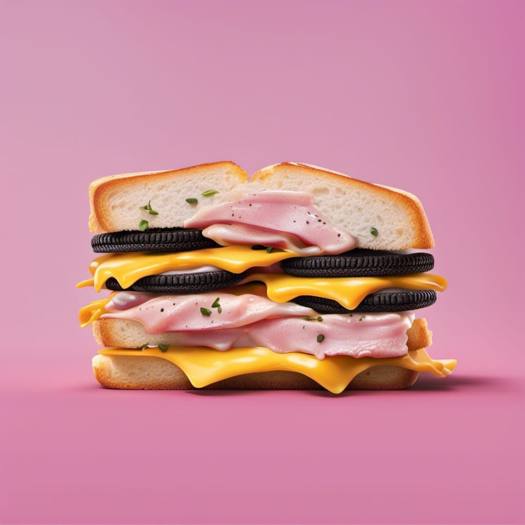 Ham, mayonnaise, cheese, and Oreo cookies on white bread sandwich ...
