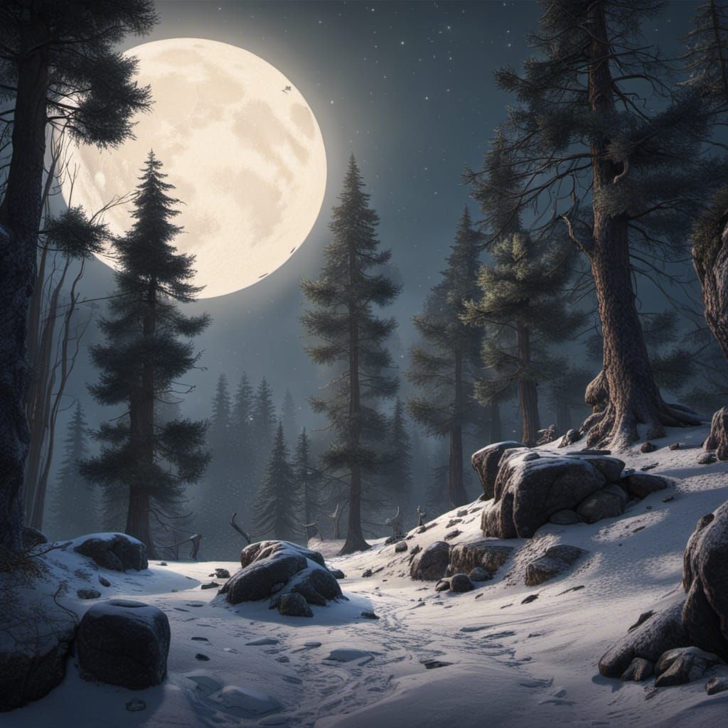 wolf den,taiga forest,snowing,tree pines, stone clift,fullmoon ...