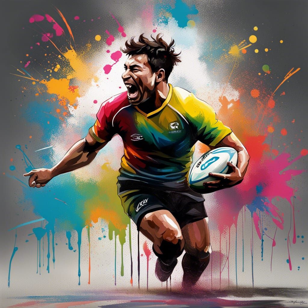 Male Rugby player, celebrating a try, 2/3 profile, portrait painting ...