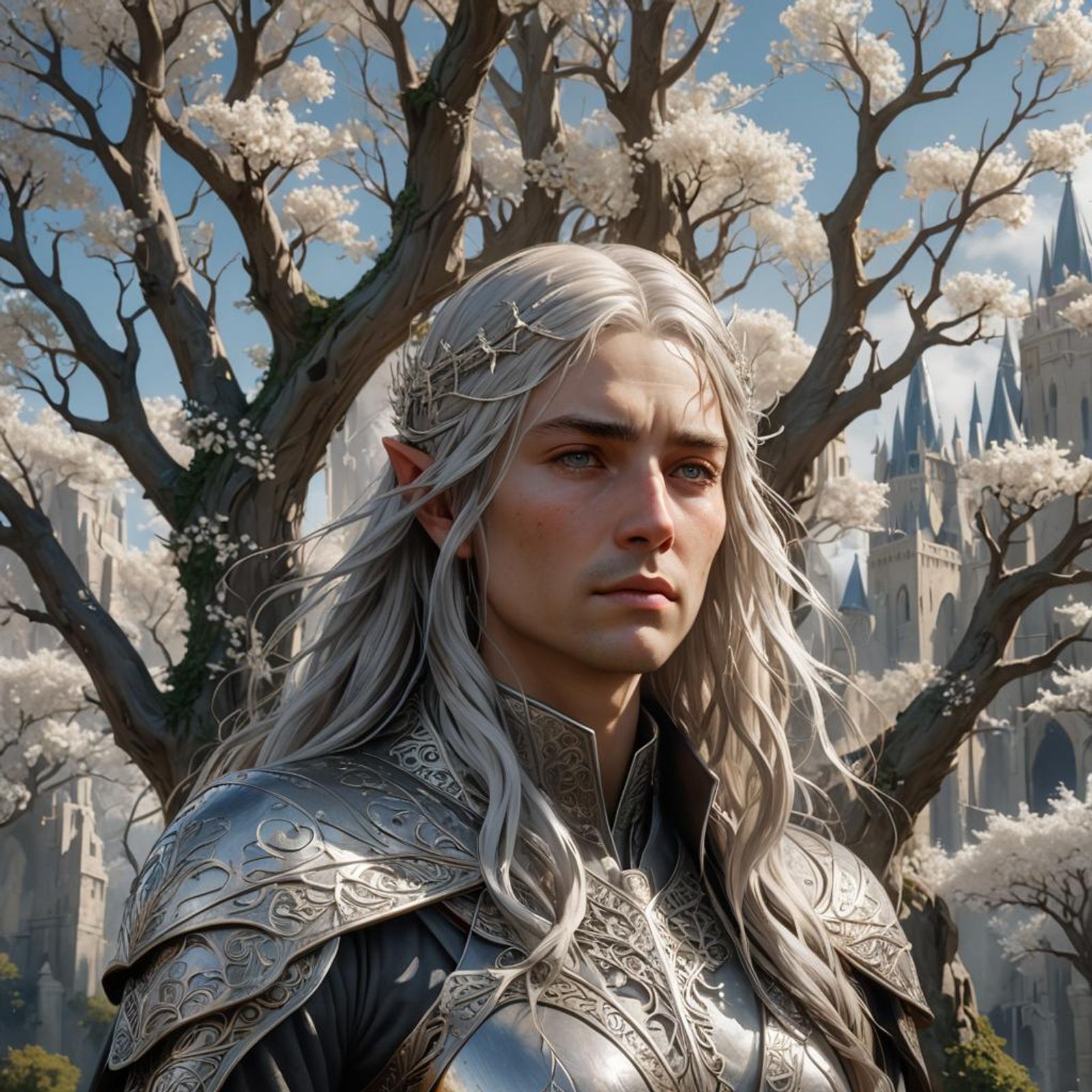 the shilloutee of Minas Tirith with the white tree of Gondor inside of ...