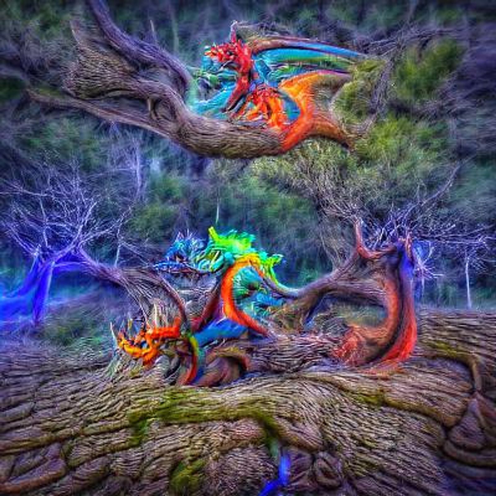 Tree Spirits meet dragons HDR colourful 8K 3D - AI Generated Artwork ...