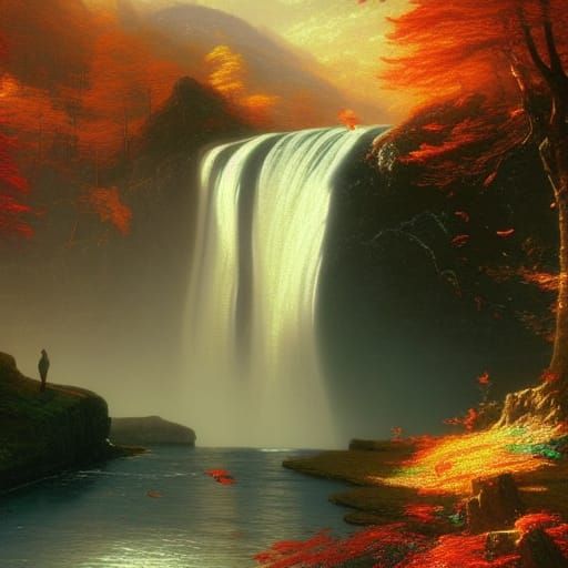 Giant beautiful waterfall in autumn by Thomas Cole & Thomas Kinkade ...