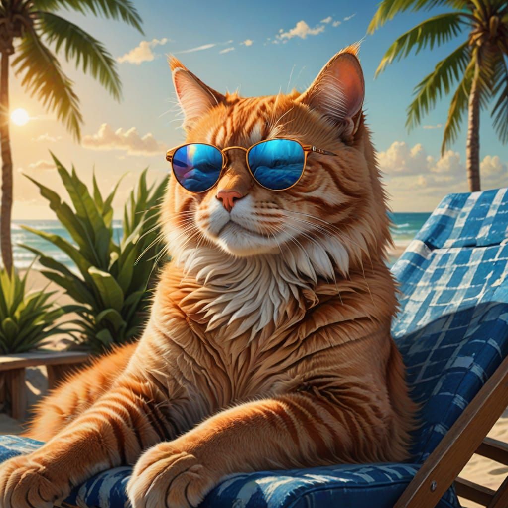 Vibrant Beachside Orange Cat in Sunglasses, Oil Pa... - AI Art