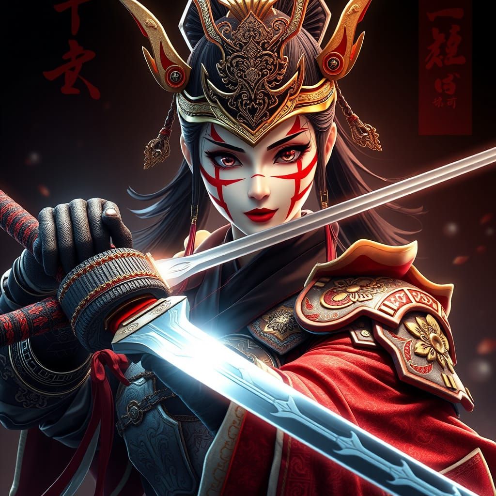 Regal Japanese Warrior in Intricate Armor with Kat... - AI Art