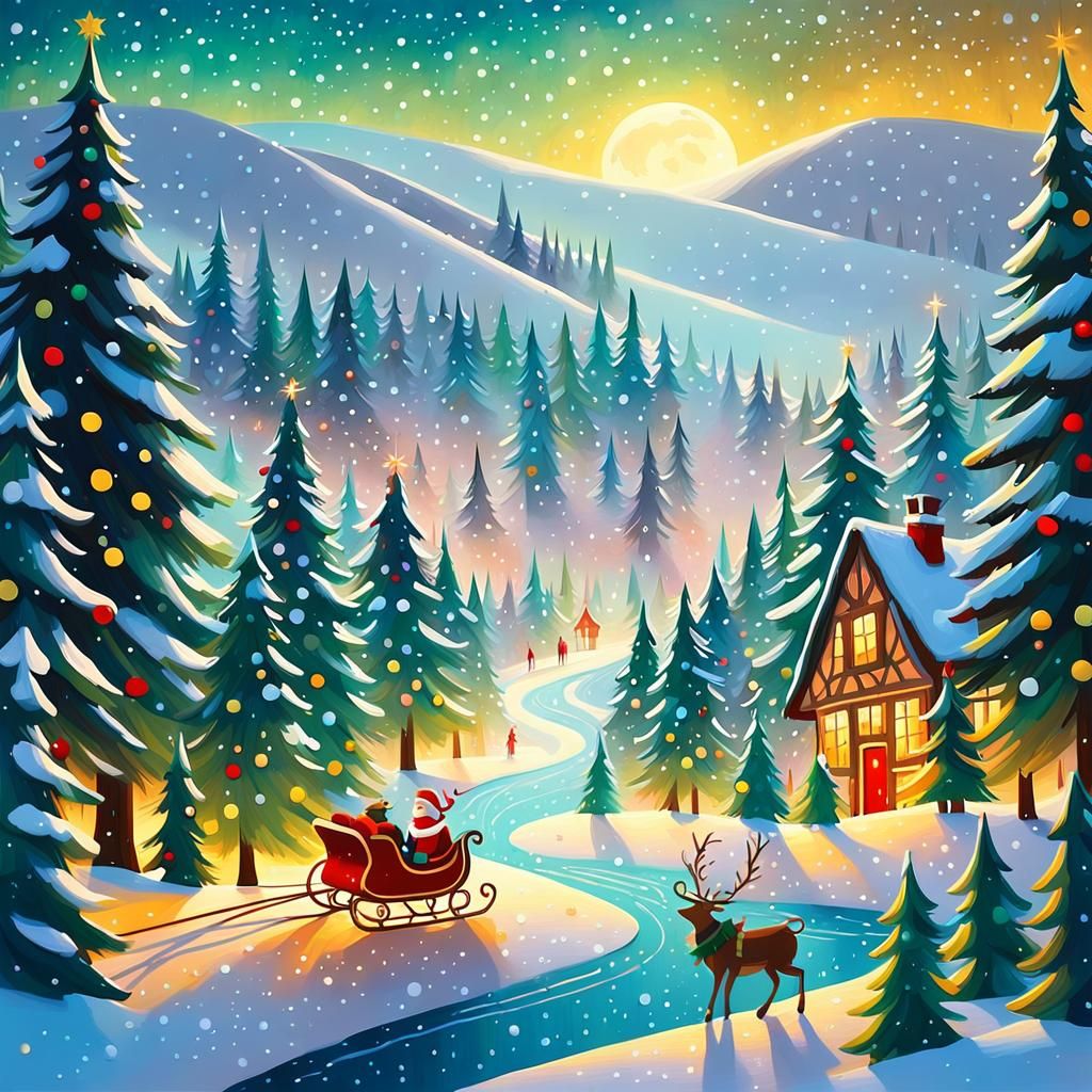 Whimsical Christmas Scene in Vibrant Oil Painting - AI Art