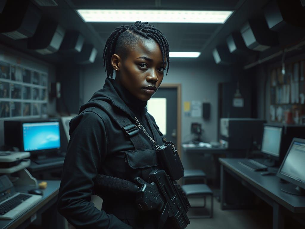 African female assassin with shaved black afro hair, dark skin, sharp ...