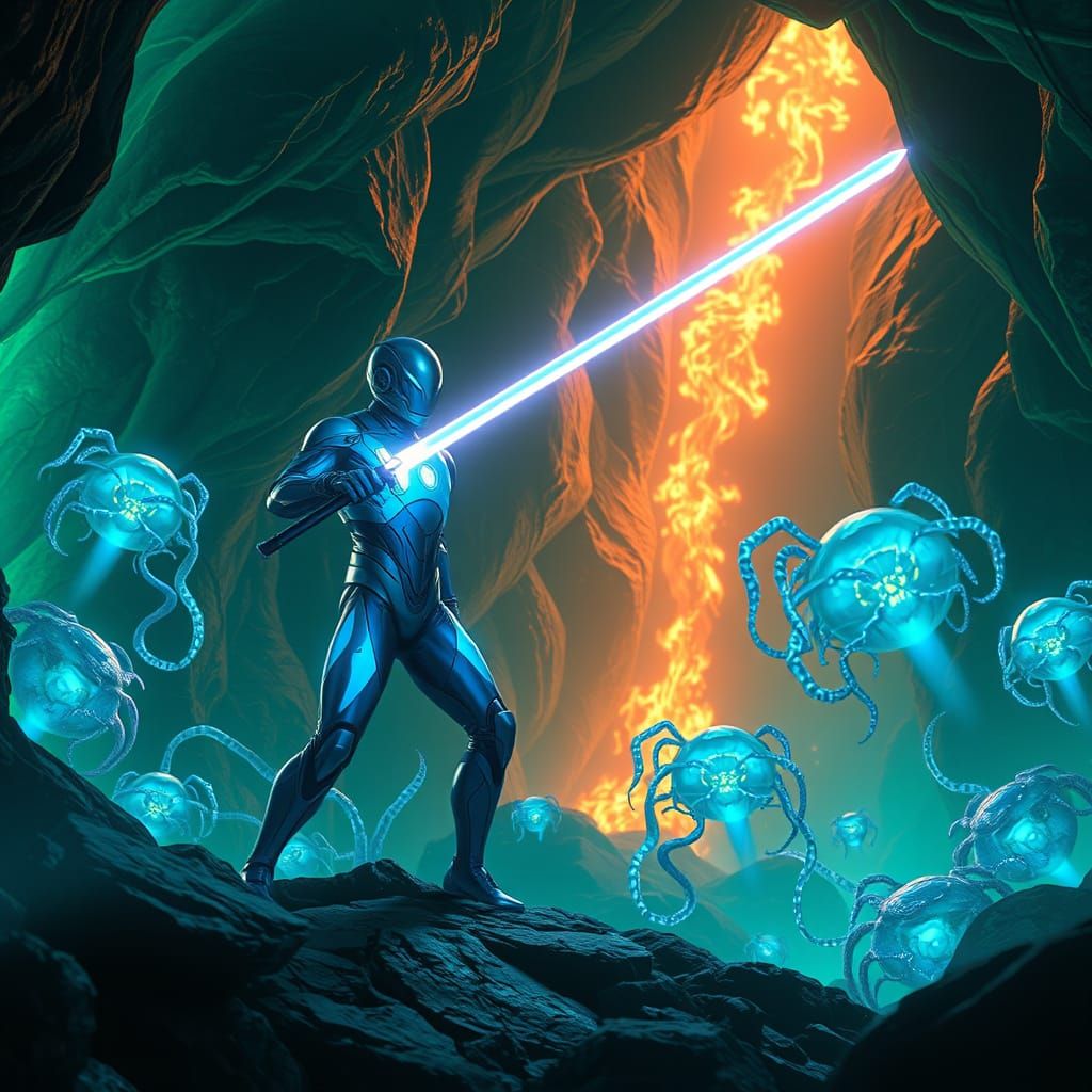 Futuristic Blue Spaceman Battles Glowing Microbes ... - AI Art
