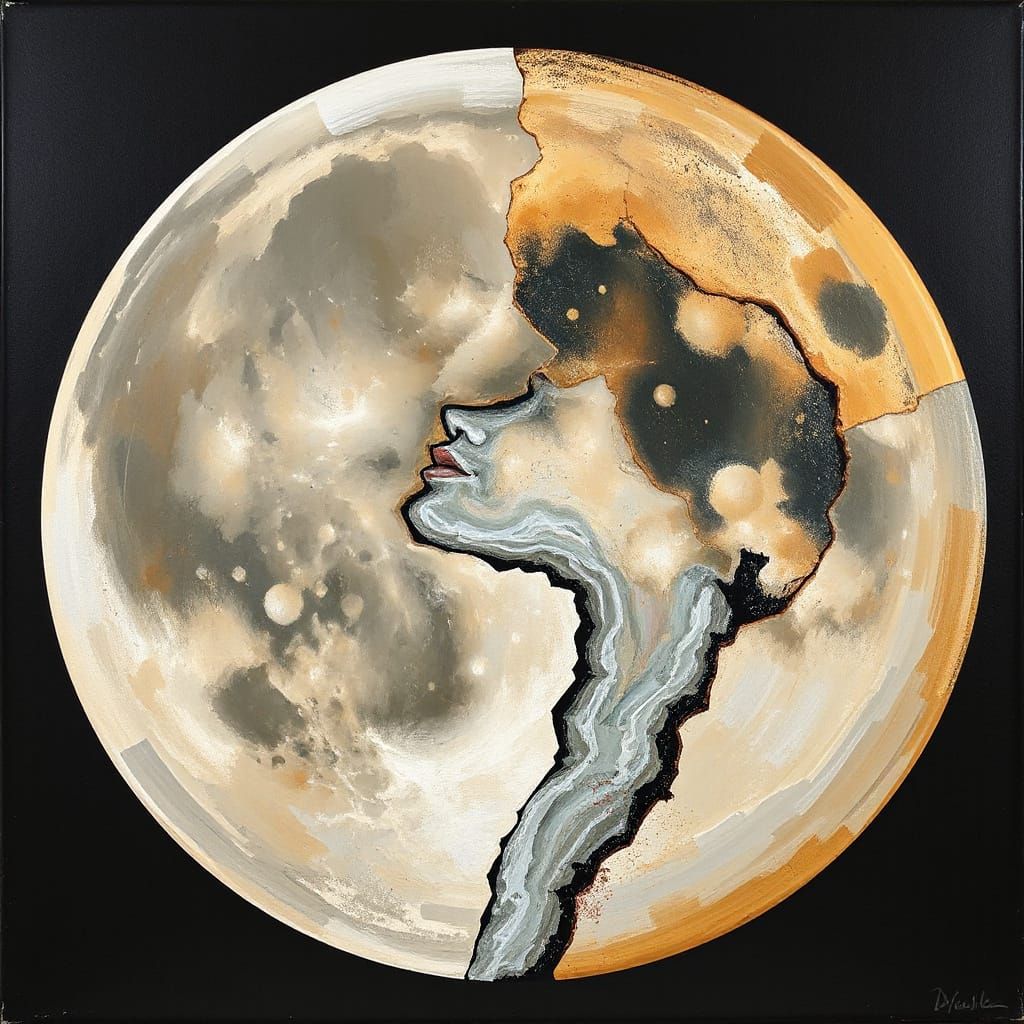 Surrealist Moon with Fragmented, Cubist Face in Dr... - AI Art